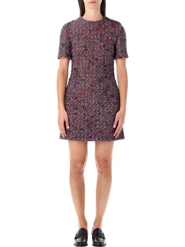 Gucci Textured Tweed Mini Dress With Decorative Buttons - Blue Red Multi