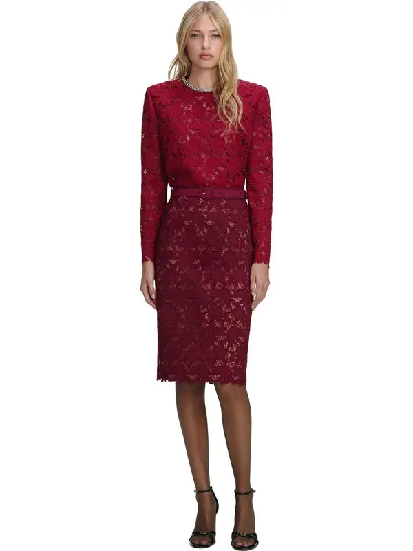 SELF-PORTRAIT Floral Lace Midi Skirt With Removable Belt - Red