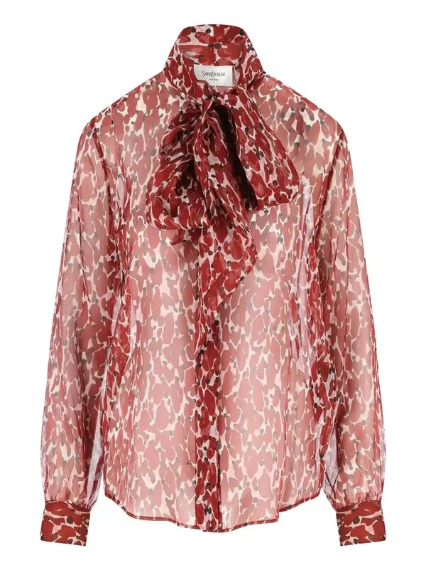 Saint Laurent Floral Silk Scarf Collar Blouse - Red