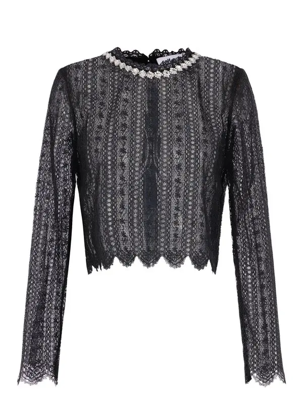 SELF-PORTRAIT Lace Top With Embellished Neckline - Black