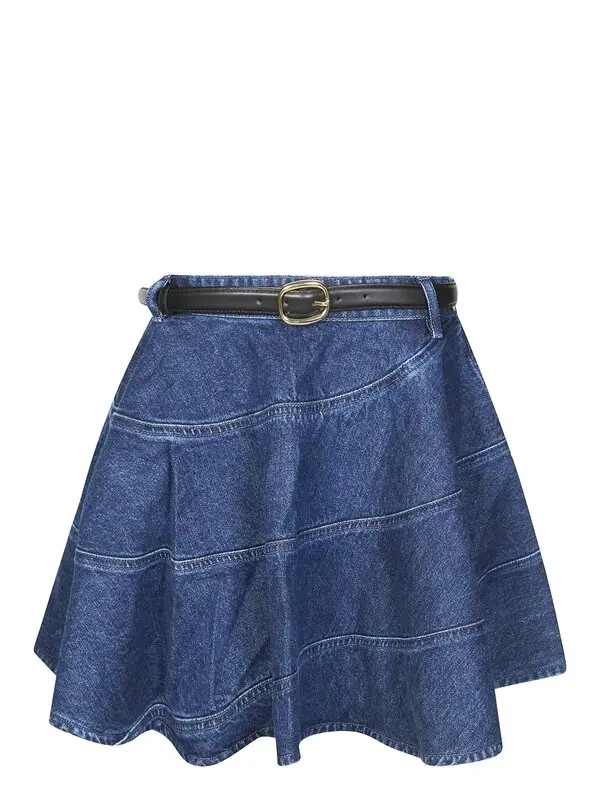 SELF-PORTRAIT A-line Denim Midi Skirt With Belt Detail - Blu