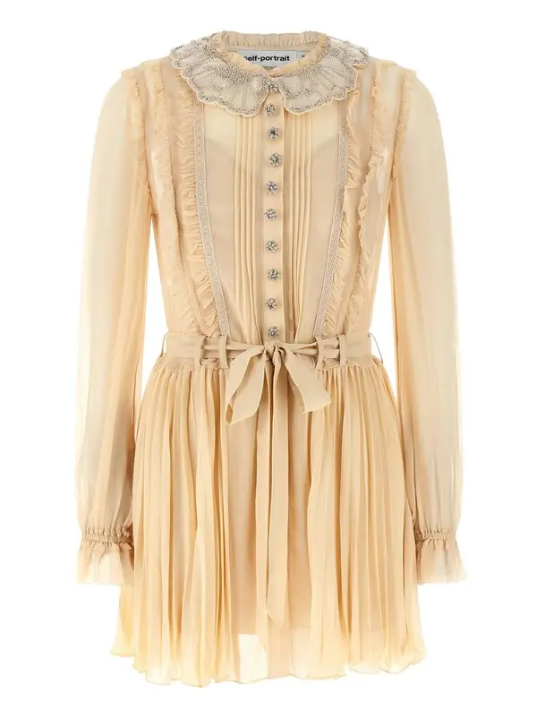 SELF-PORTRAIT Embellished Collar Pleated Mini Dress - Tan
