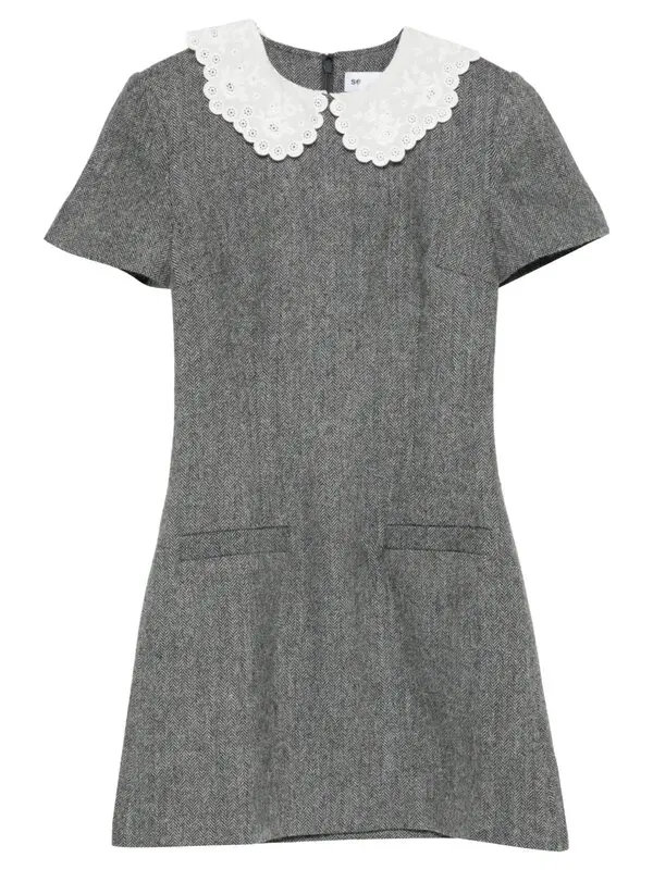 SELF-PORTRAIT Herringbone Wool-blend Mini Dress With Peter Pan Collar - Grey