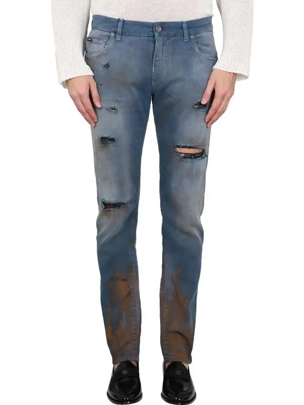 Dolce & Gabbana Skinny Fit Cotton Denim Jeans With Logo Plaque And Distressed Details - Multicolour