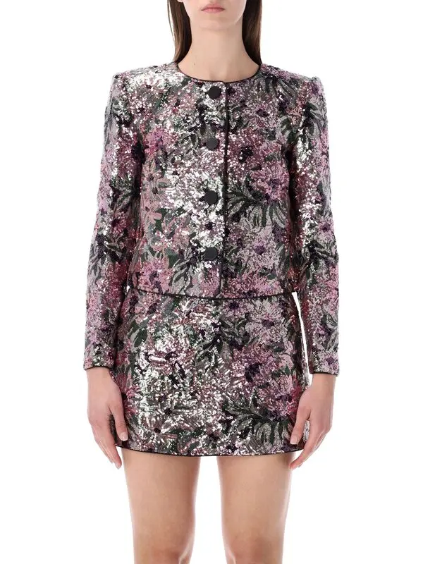 SELF-PORTRAIT Floral Sequin Embellished Round Neck Long Sleeve Top - Red