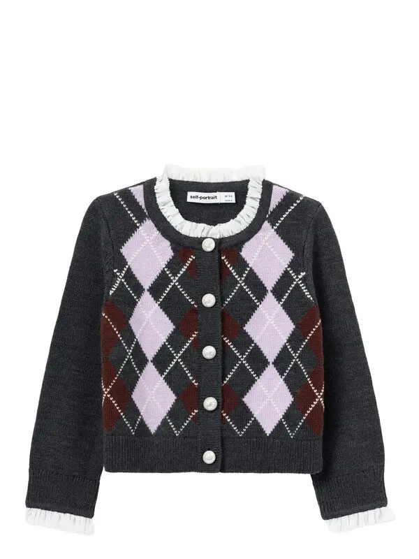 SELF-PORTRAIT Argyle Diamond Pattern Cardigan With Ruffled Collar And Hem - Grey