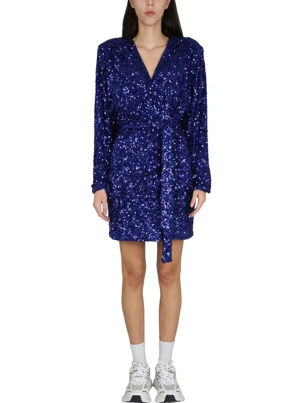 ROTATE BY BIRGER CHRISTENSEN V-neck Sequined Mini Dress With Adjustable Belt - Blue