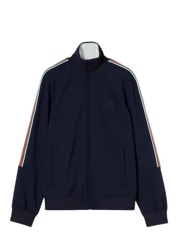 Gucci High Neck Technical Jacket With Ribbed Trim And Striped Sleeves - Blu
