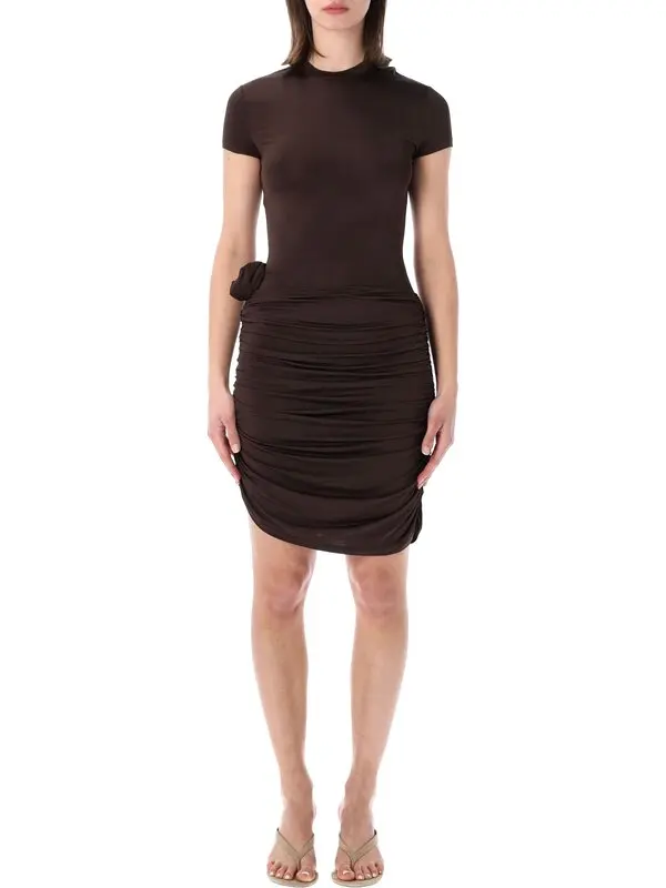 ROTATE BY BIRGER CHRISTENSEN Refined Ruched Mini Dress With Sculptural Rosette - Coffe
