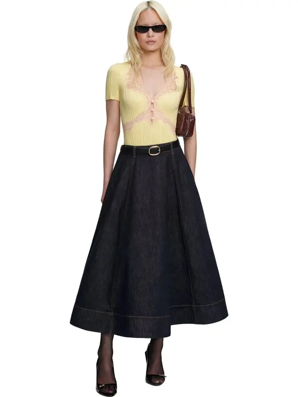 SELF-PORTRAIT Embroidered Midi Skirt With Removable Belt - Blue