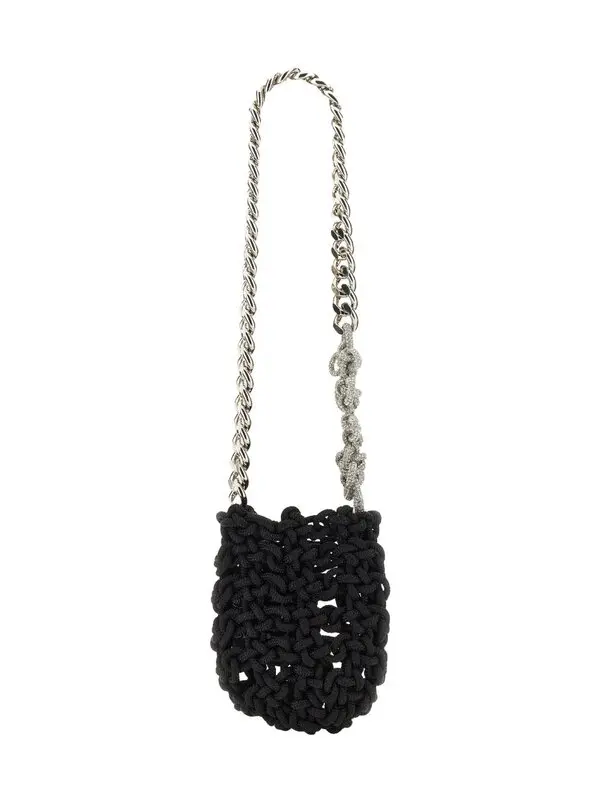 Kara Knot Nylon Shoulder Bag With Silver Tone Chain Strap - Black