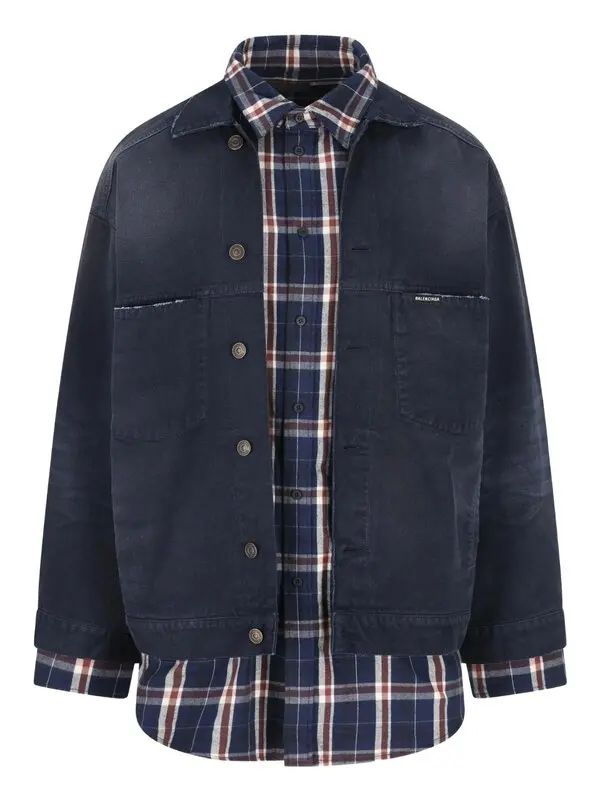 Balenciaga Cotton Coat With Plaid Overlay - Navy