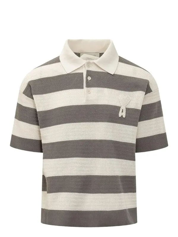 AMI Paris Striped Polo Shirt With Heart Logo - Blanccarbo