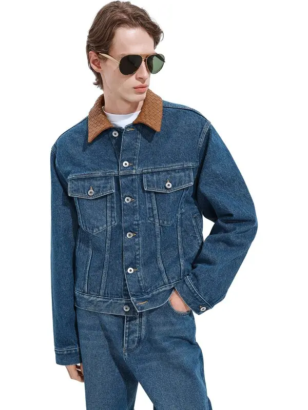 Bottega Veneta Embossed Intrecciato Collar Denim Jacket - Blu