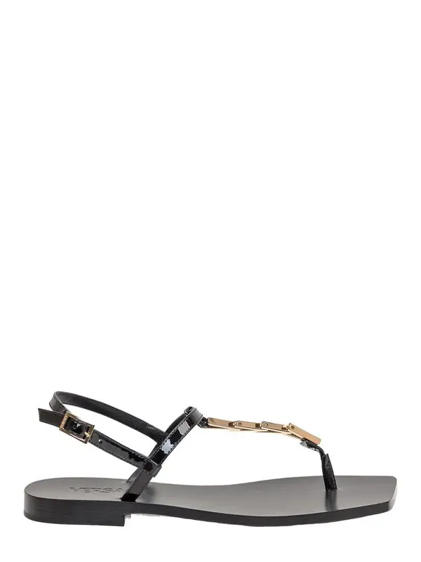 Versace Flat Sandals With Chain Detail - Black-versace Gold