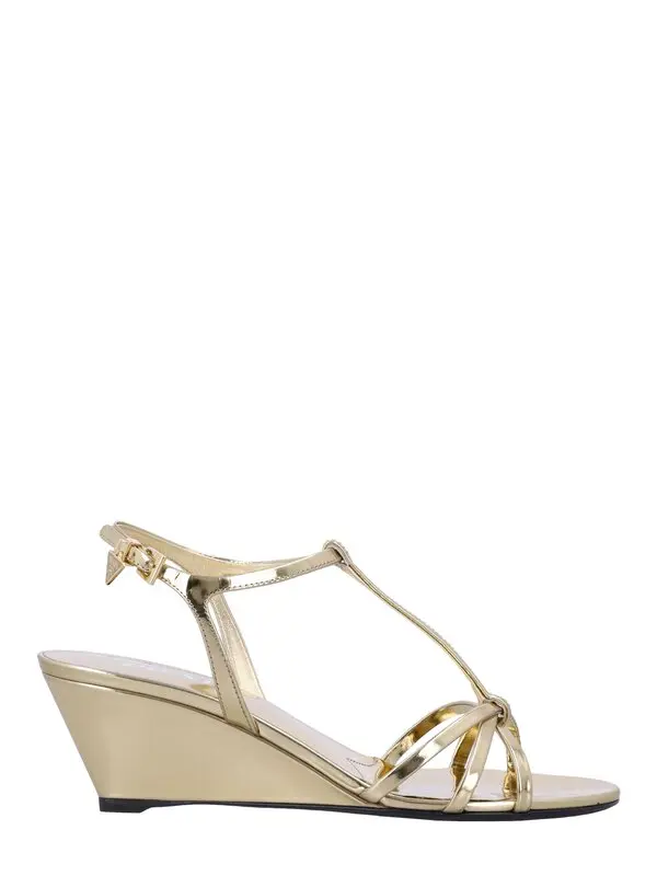 Prada Metallic Leather Wedge Sandals With Logo Buckle - Platinum