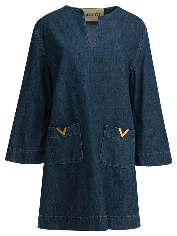 Valentino Garavani Denim Mini Dress With V Detail Pockets - Blue