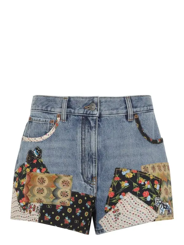 Valentino Garavani Denim Patchwork Shorts With Animal Embroidery - Blue