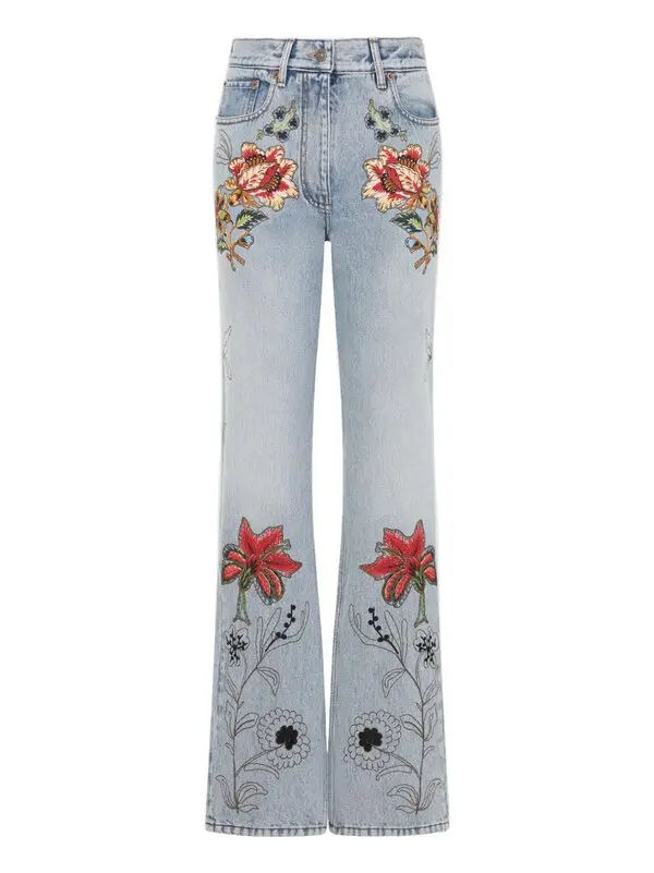 Valentino Garavani High-rise Floral Embroidered Straight Jeans - Blue