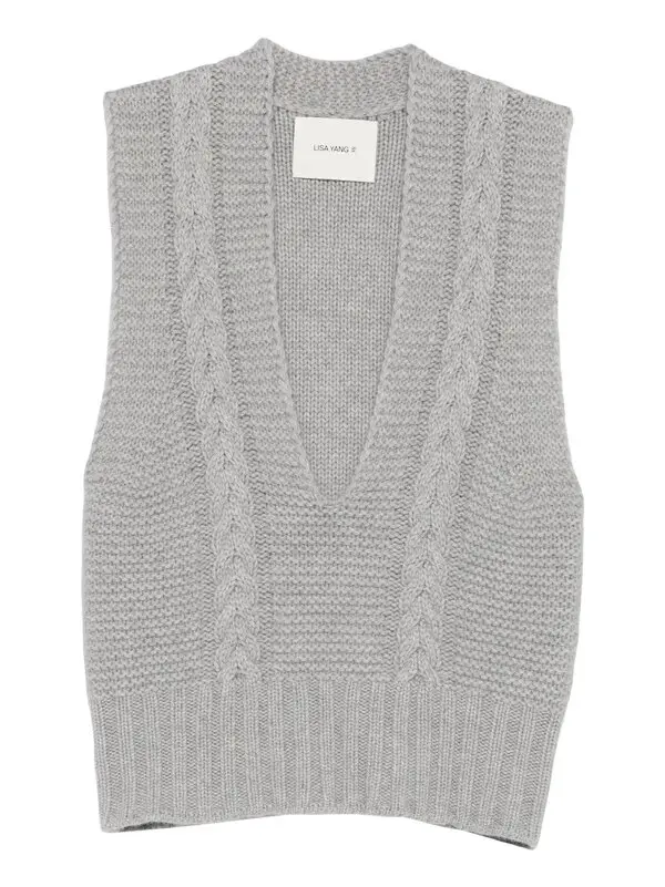 LISA YANG V-neck Ribbed Hem Cashmere Vest - Grey