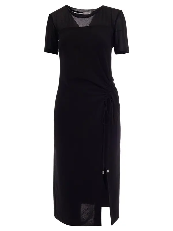 Patrizia Pepe Sheer Yoke Midi Dress With Side Drawstring Detail - Nero