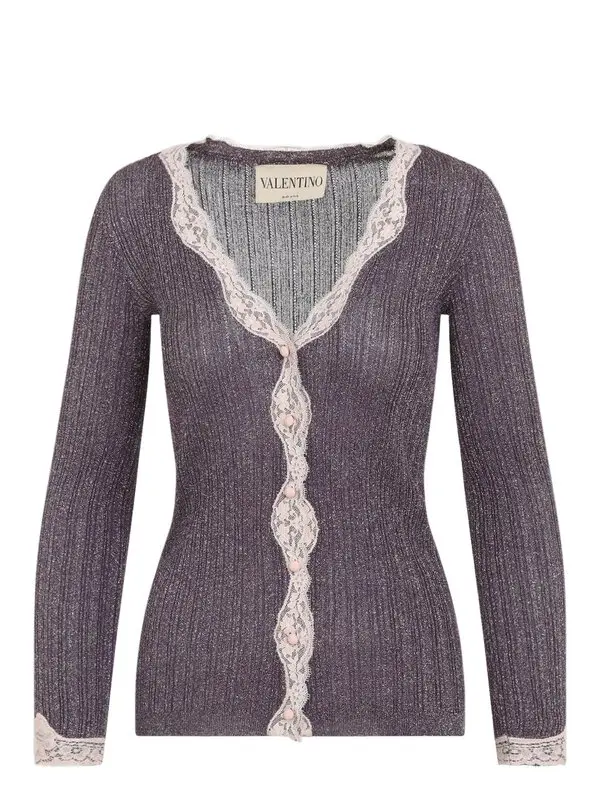 Valentino Garavani Ribbed Lace Trimmed Cardigan - Red