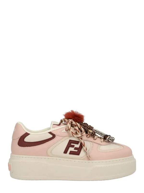 Fendi Platform Leather Sneakers With Decorative Lace Detail - Beige