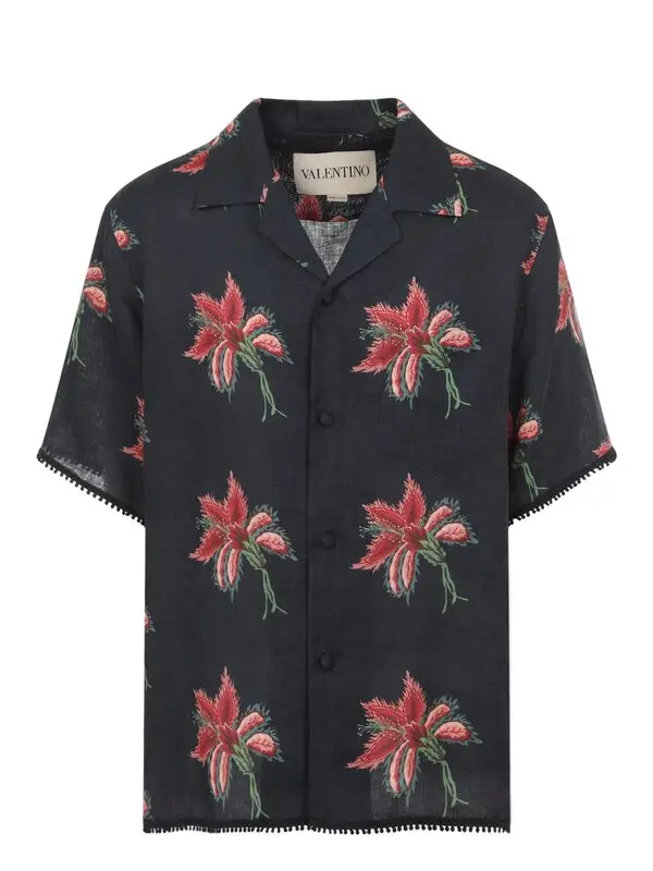Valentino Garavani Linen Bowling Shirt With Papier Floral Print For - Black