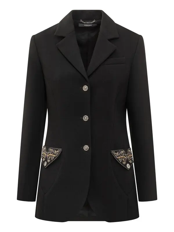 Versace Double-breasted Wool Blazer With Embellished Pockets - Black