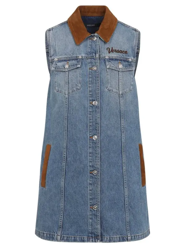 Versace Denim Sleeveless Dress With Contrasting Collar - Blue