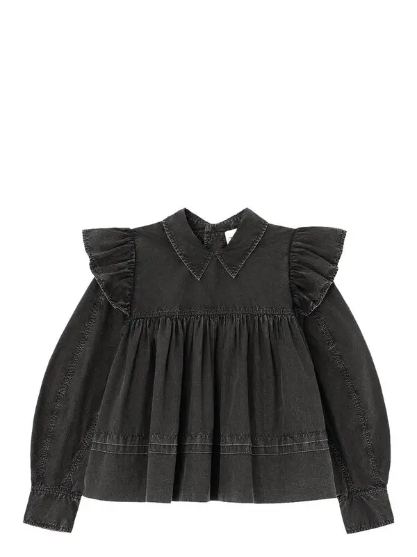 GANNI Ruffled Shoulder Collar Long Sleeve Top - Black