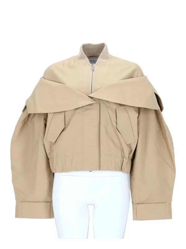 GANNI Cropped Cotton Jacket With High Collar And Overlay Panels - Beige