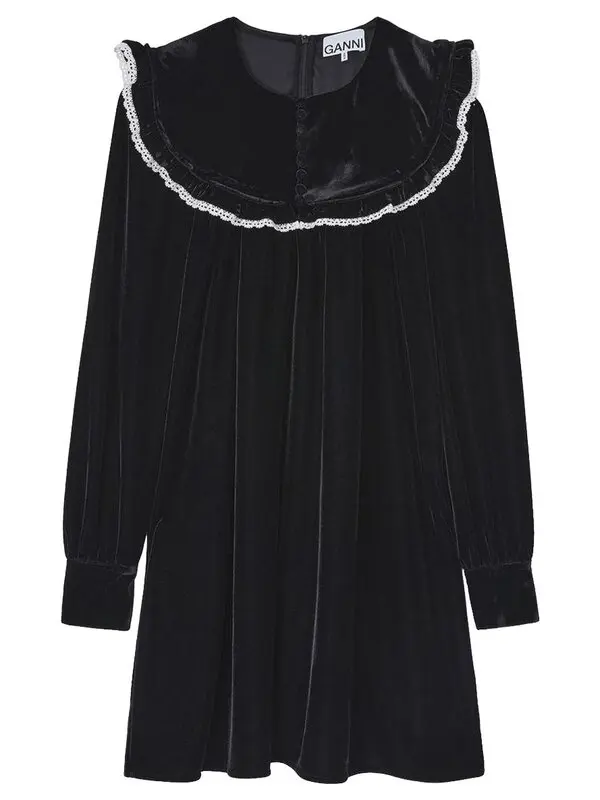 GANNI Velvet Peter Pan Collar Mini Dress - Black