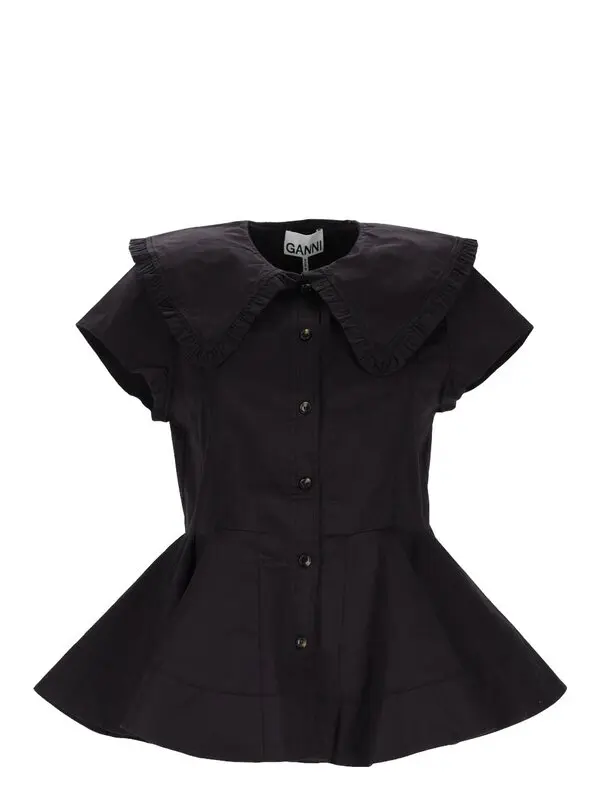 GANNI Collared Button-front Peplum Top - Black