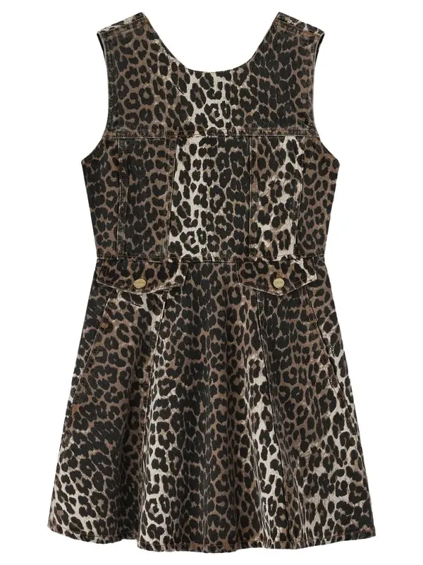 GANNI Sleeveless Leopard Print Denim Dress - Marrone