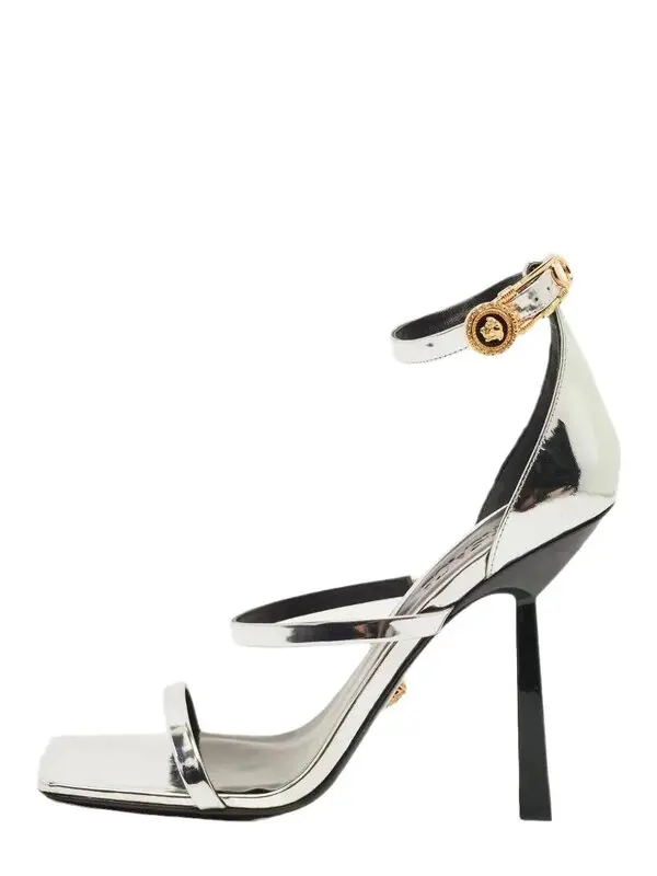 Versace Safety Pin Leather Heeled Sandals - Silver