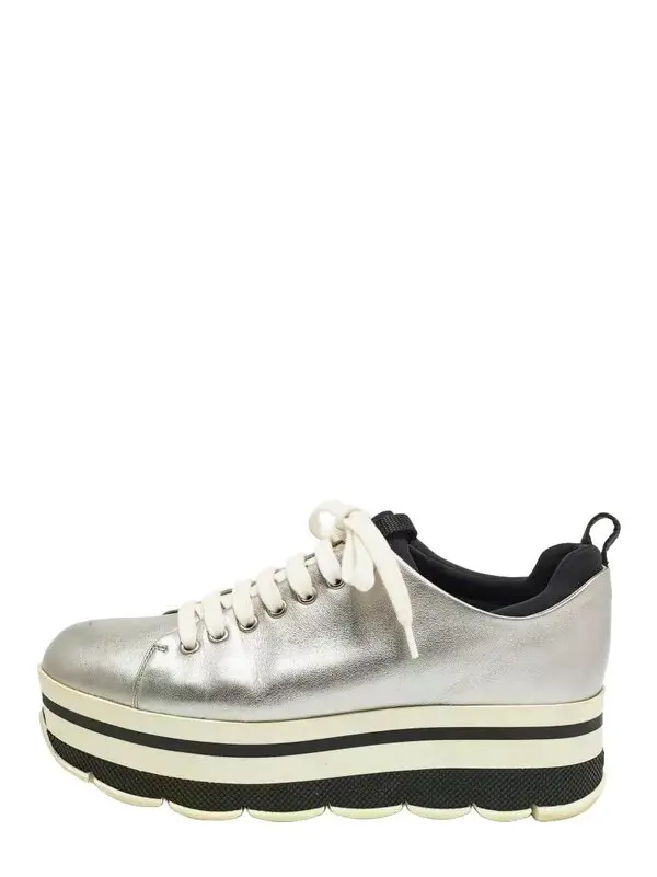 Prada Metallic Leather Platform Lace-up Sneakers - Silver