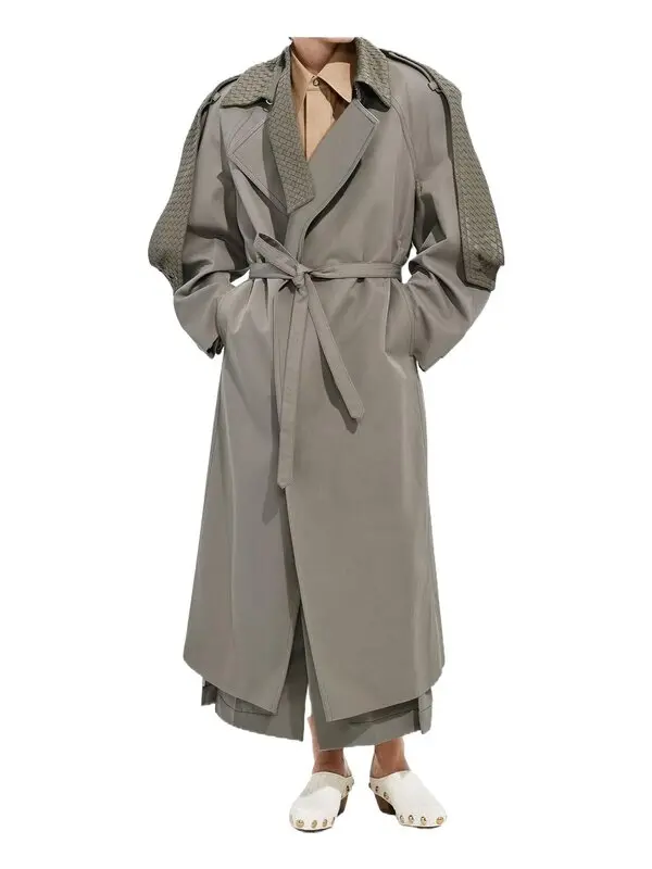 Bottega Veneta Cotton And Silk Gabardine Trench With Woven Leather Accents - No