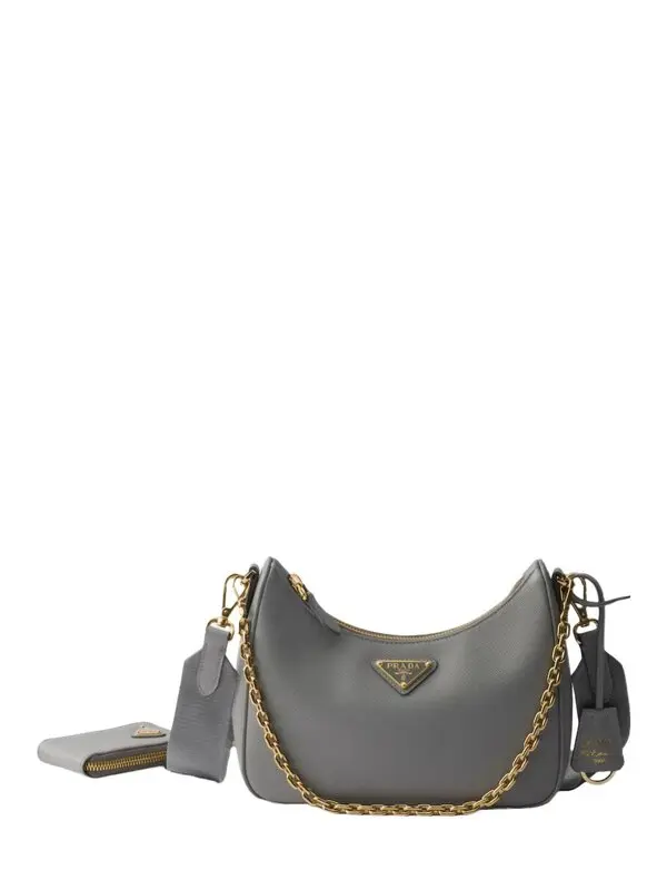 Prada Re-edition 2005 Saffiano Leather Bag With Chain And Woven Strap - Gray