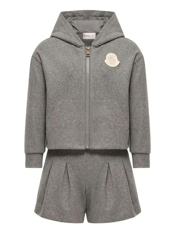 Moncler Wool Jersey Zip-up Hooded Top And Pleated Shorts Set - Grey