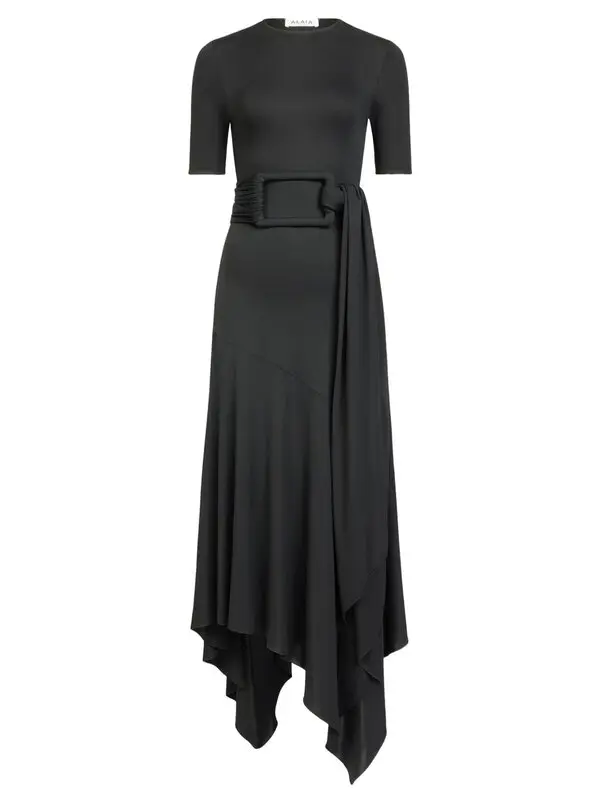 Alaïa Belted Asymmetrical Hem Jersey Dress - Black