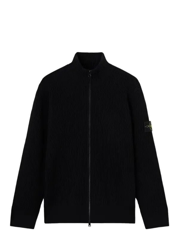 Stone Island Ribbed-knit Zip-up Sweater With Logo Patch - Black