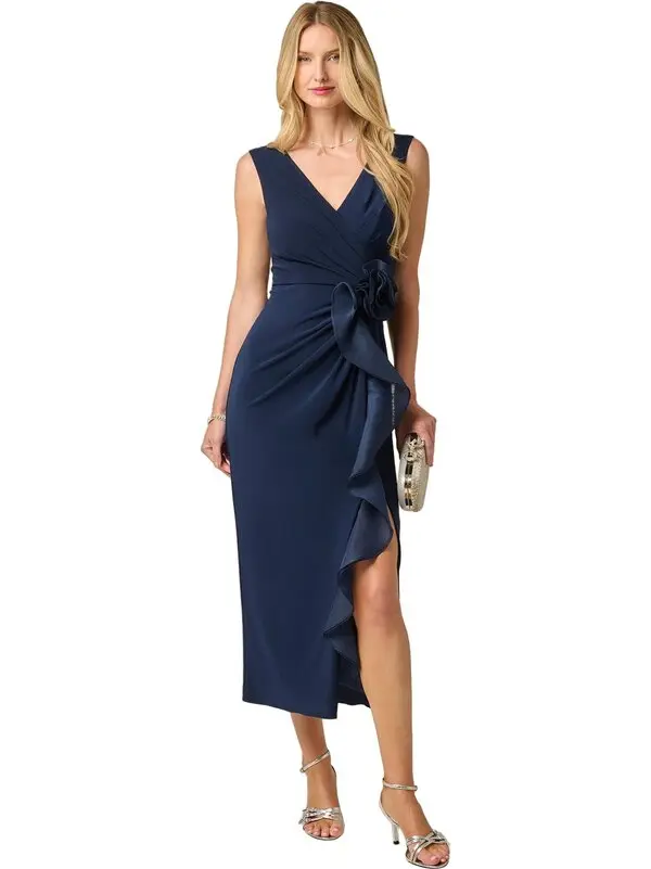 Adrianna Papell Rosette Drape Stretch Midi Wrap Dress - Midnight