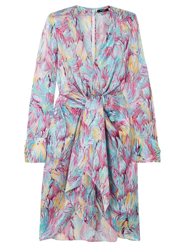 Balmain Embellished Draped Printed Silk-satin Mini Dress - Light Blue