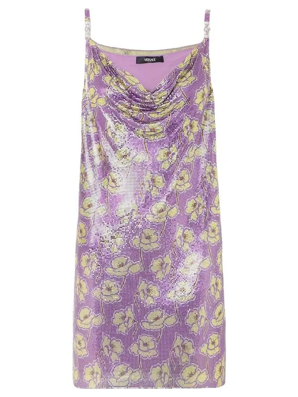 Versace Embellished Floral-print Chainmail Mini Dress - Violet