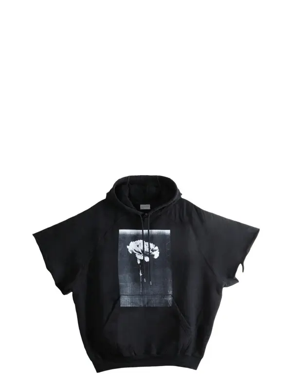 Balenciaga Artwork Printed Distressed Short-sleeved Hoodie - Black