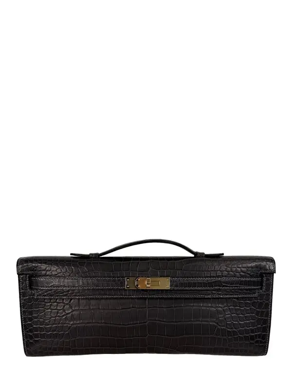 Hermès Kelly Handbag In Graphite Matt Porosus Leather With Permabrass Hardware - Grey