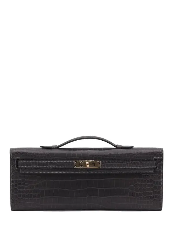 Hermès Kelly Handbag In Graphite Matt Porosus Leather With Permabrass Hardware - Grey