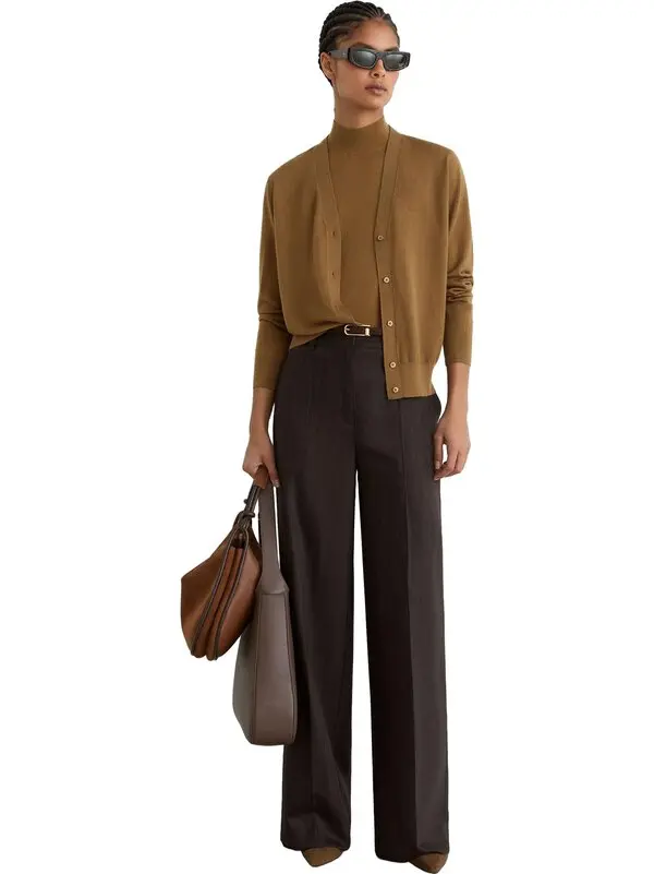 REISS Simi Merino Wool V-neck Cardigan - Camel