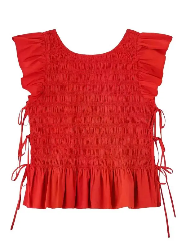 GANNI Shirred Ruffled Peplum Blouse - Red